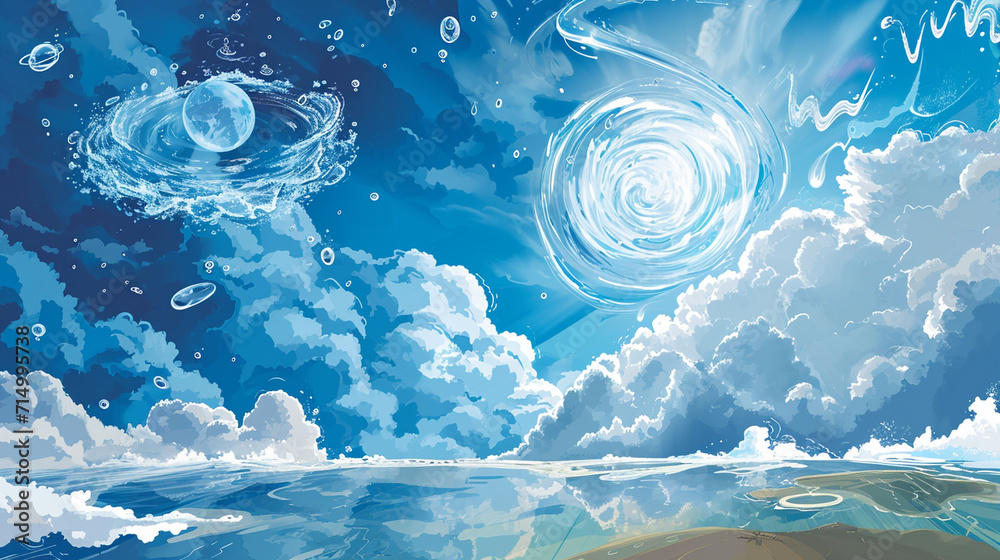 An artistic representation of the water cycle, featuring swirling ...