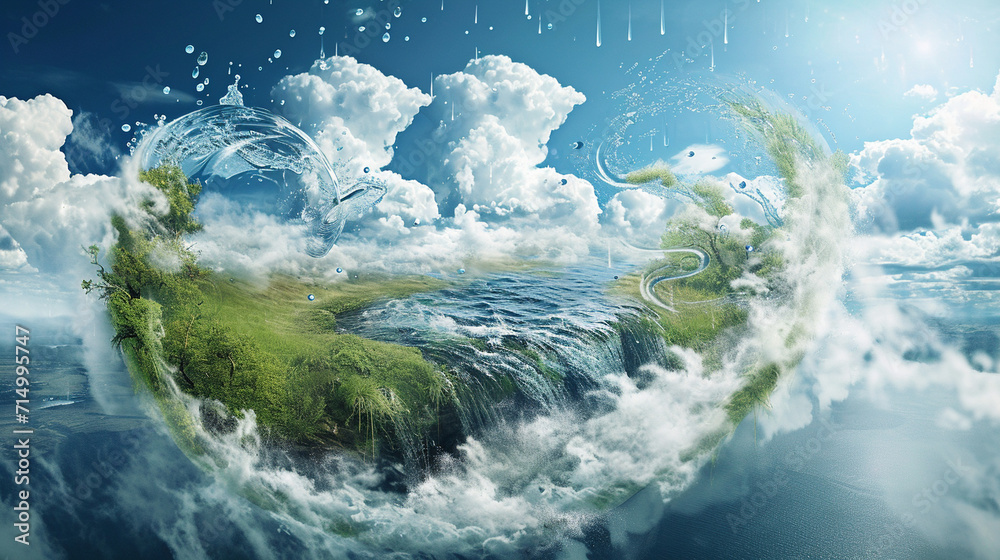 An artistic representation of the water cycle, featuring swirling ...