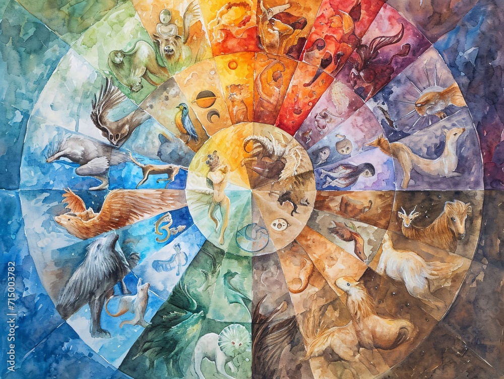 A colorful and detailed illustration of various animals, including a ...