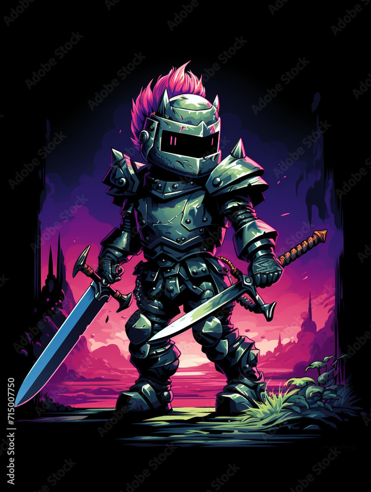 T-shirt design, 16-bit pixel art, retro arcade, pixelated knight with ...