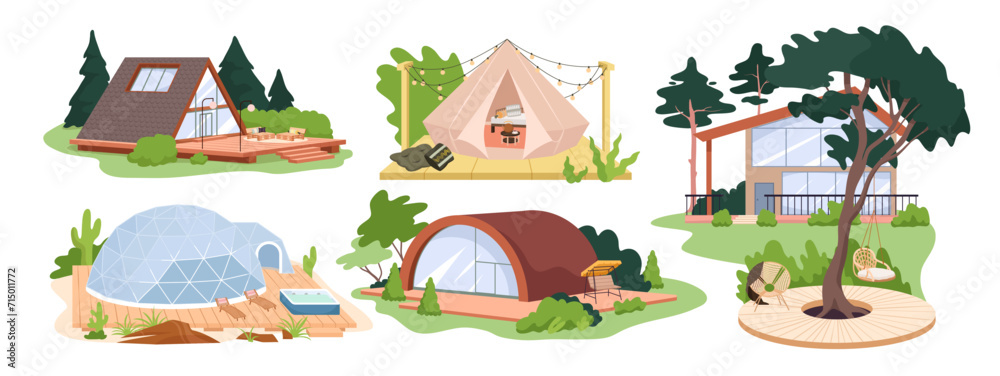 Glamping set vector illustration. Cartoon isolated luxury camping tent ...