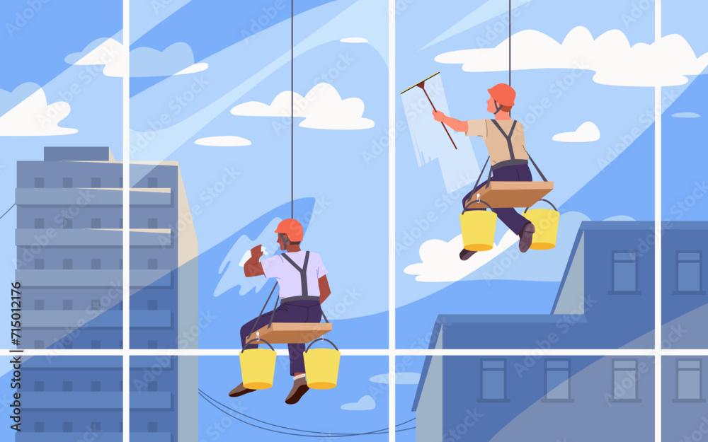 Windows cleaners of glass cleaning mirror building facade vector ...