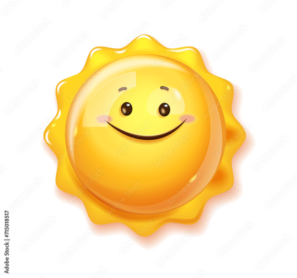 Smile 3d sun. Yellow bright symbol of hot season, isolated sun with ...