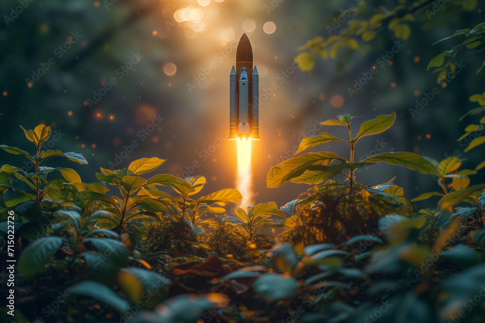 Fusée qui décolle au milieu de la canopée, symbolisant la croissance ...