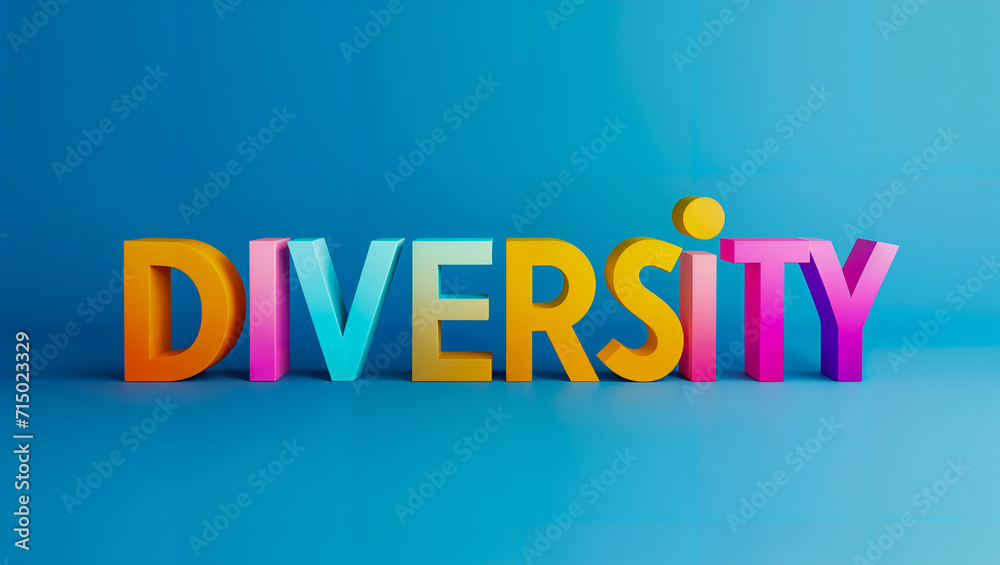 DIVERSITY as 3D-rendered text in various colors on a plain background ...