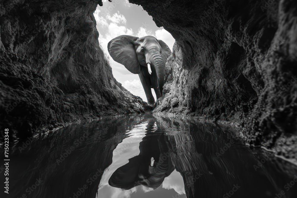 Image of an elephant at a waterhole. Eye level view from a underground ...