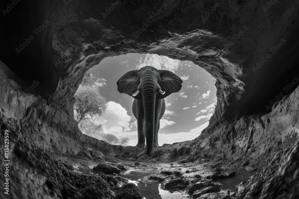 Image of an elephant at a waterhole. Eye level view from a underground ...