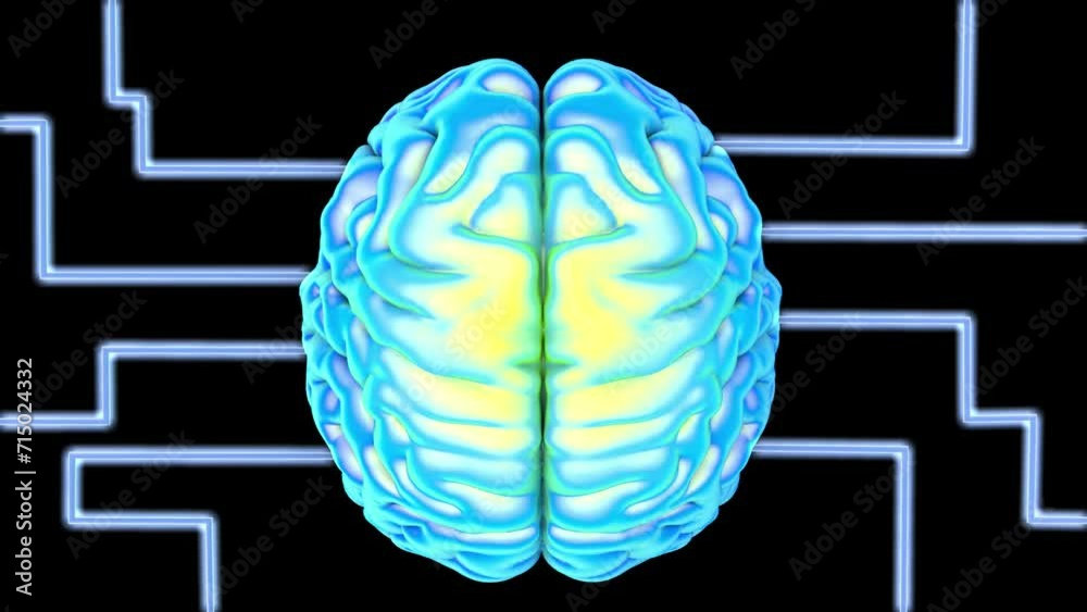 Animation of a neon brain on a black background with neural networks ...