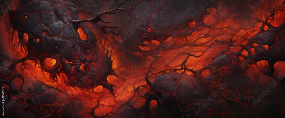 The surreal dance of fiery veins on a lava stone canvas, resembling an ...