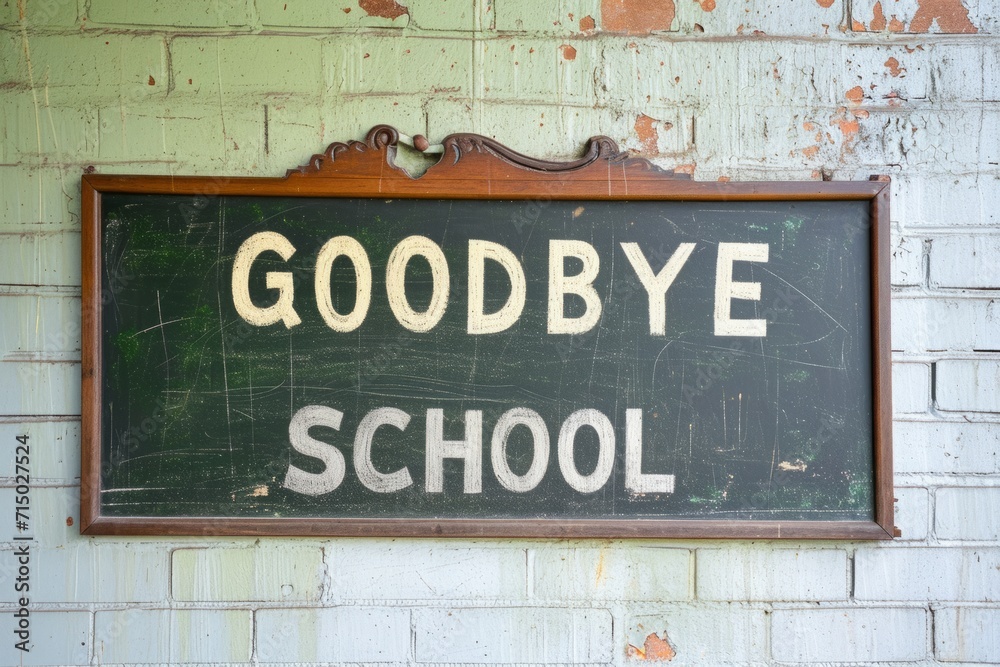 Goodbye school. Chalk inscription on the school green blackboard on the ...