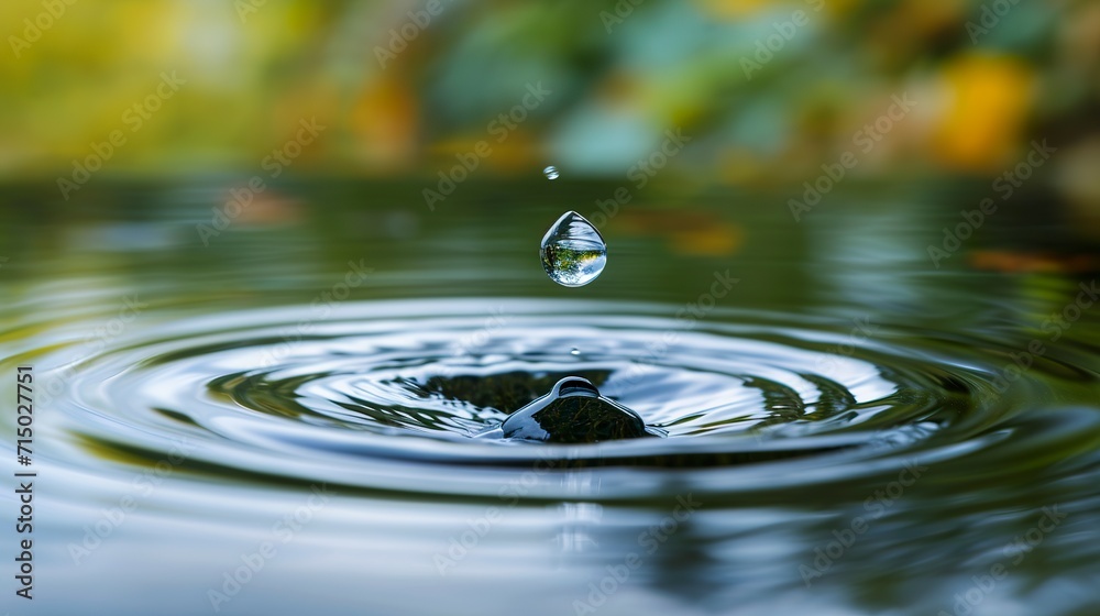 Close-up of a drop of water falling into clear still water forming a ...