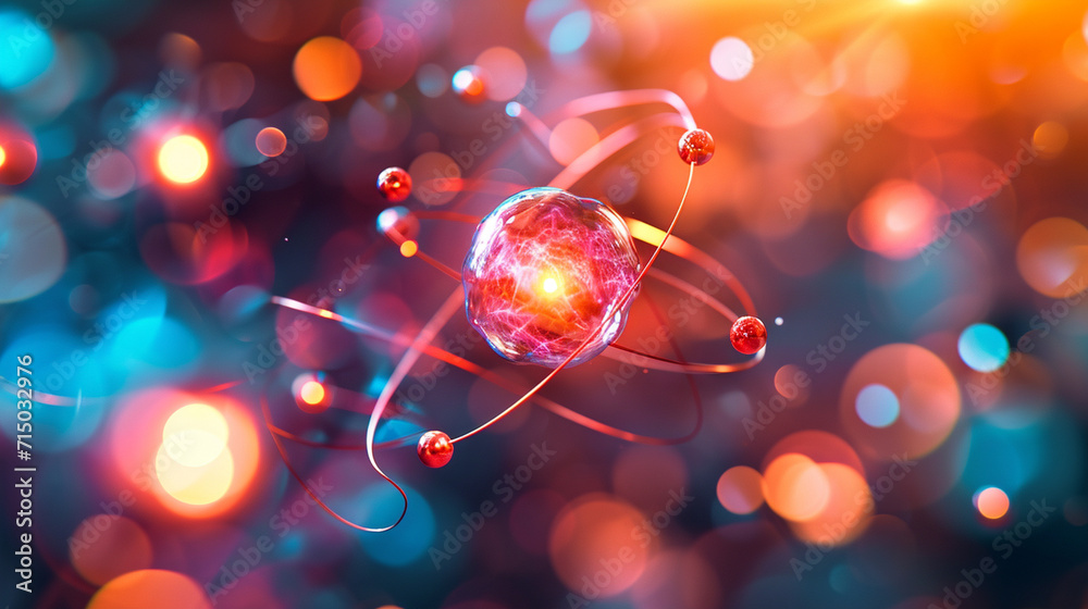 An electron cloud model of an atom with a dynamic, colorful background ...