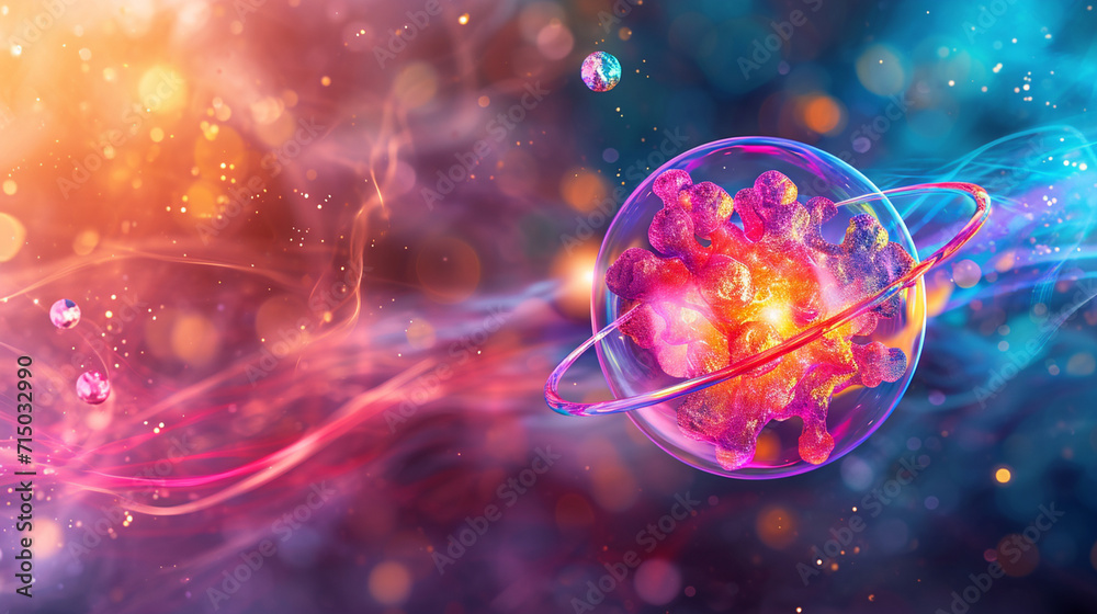 An electron cloud model of an atom with a dynamic, colorful background ...