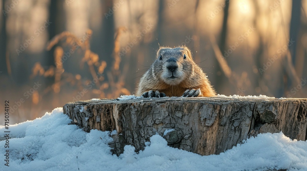 Groundhog peeking out from behind a tree stump on a frosty winter ...