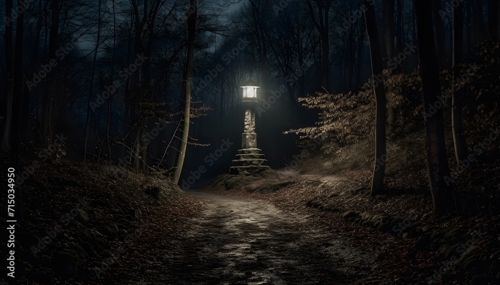 Split cobbled path in the middle of the forest at night, an old light ...