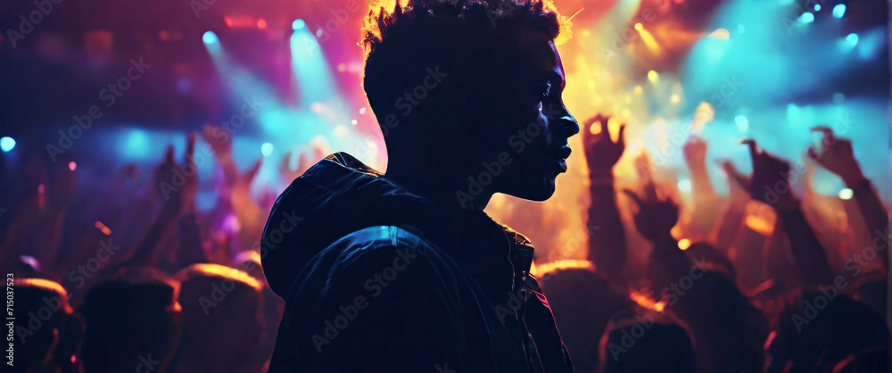 The Portrait in a silhouette double exposure. The Concert, a musician ...
