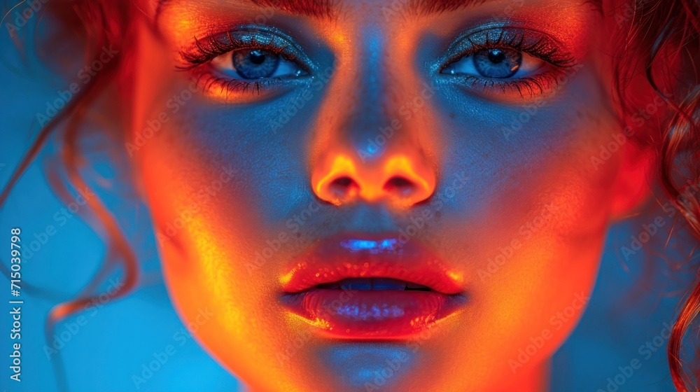 a close up of a woman's face with blue and red light coming out of her ...