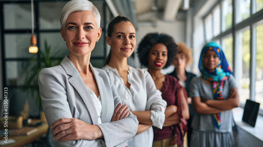 Group of diverse professional women confidently standing in a line ...