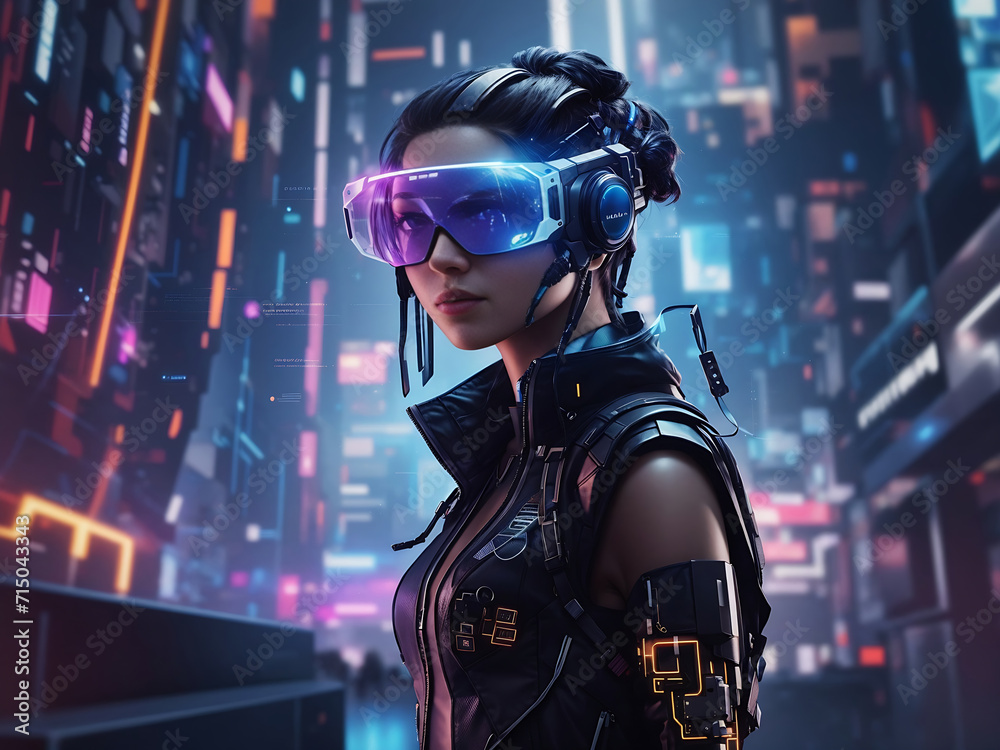 Depict a skilled cyberpunk hacker in a futuristic setting, surrounded ...