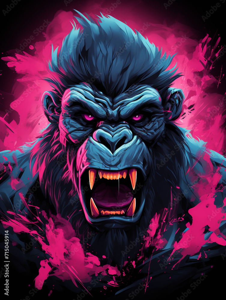 T-shirt design, Motive featuring a fierce gorilla with a vibrant pink ...