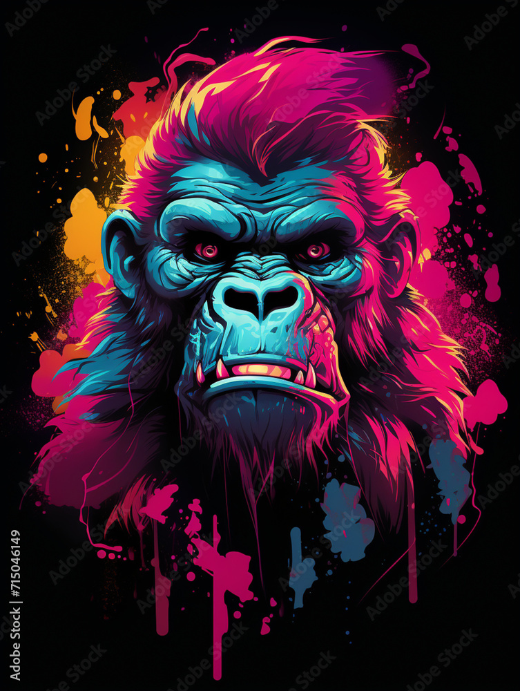 T-shirt design, Motive featuring a fierce gorilla with a vibrant pink ...