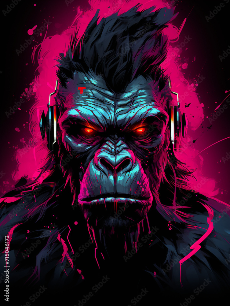 T-shirt design, Motive featuring a fierce gorilla with a vibrant pink ...