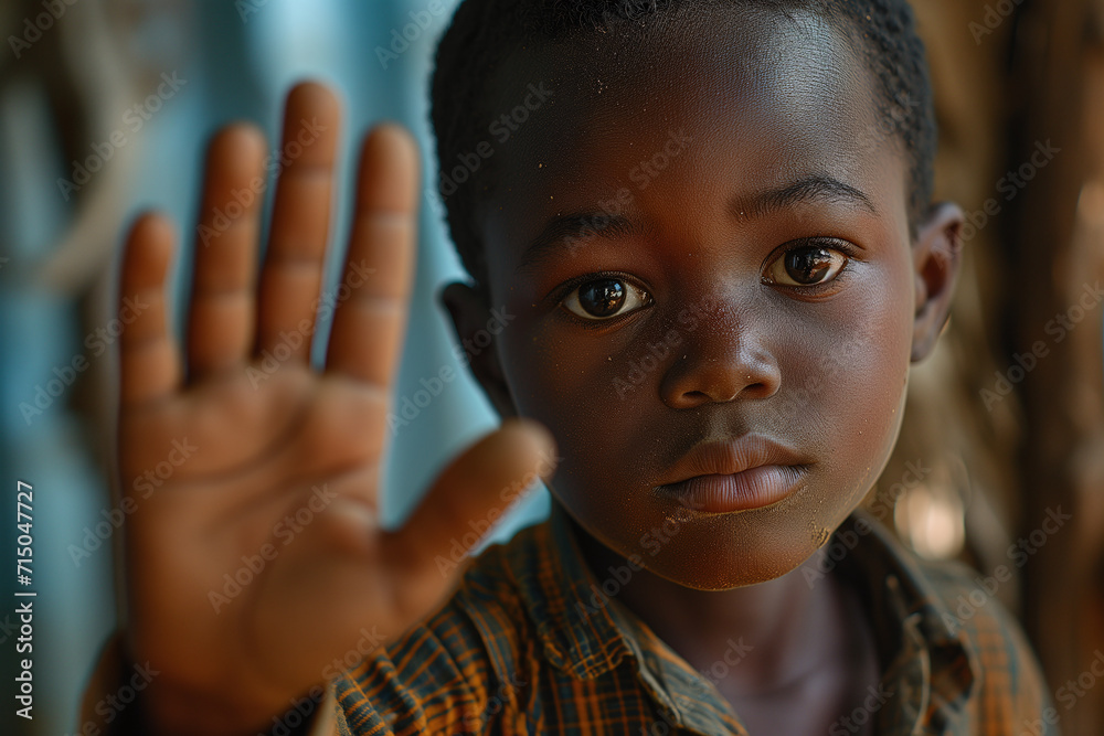 Portrait of a serious and scared little african american boy standing ...