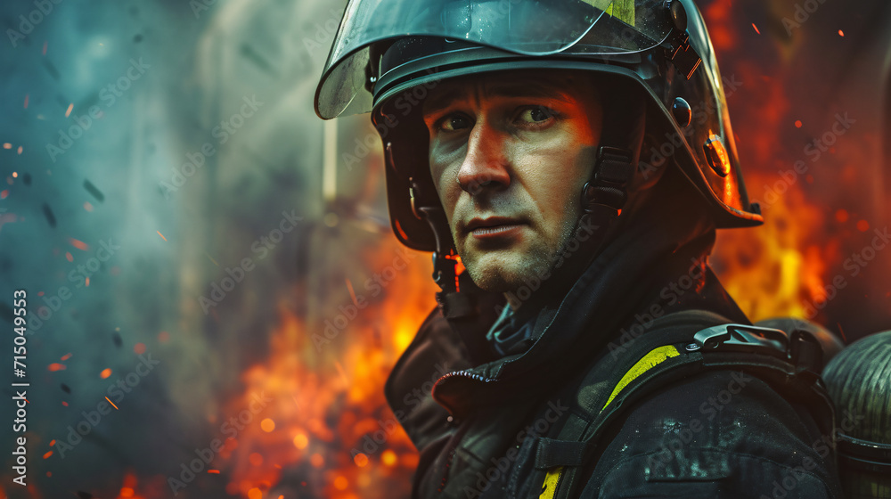 A portrait of a Courageous firefighter embodies heroism, responding to ...