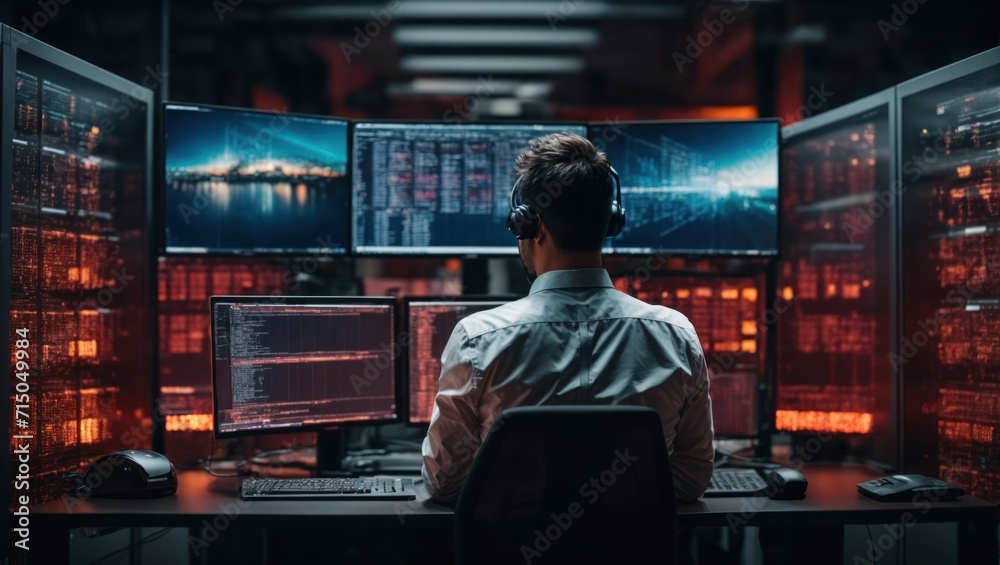 Back view of a man working in a server room at night Stock Photo ...