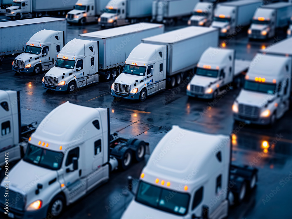 Fleet of white semi-trucks at a logistics center during twilight ...