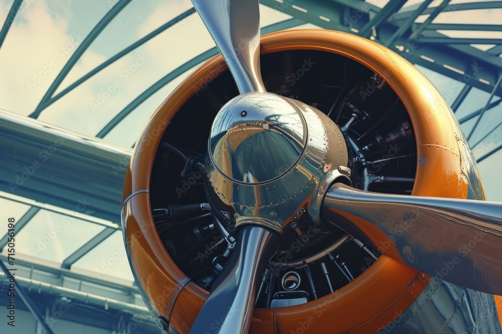 A detailed close-up view of a propeller on a plane. This image can be ...
