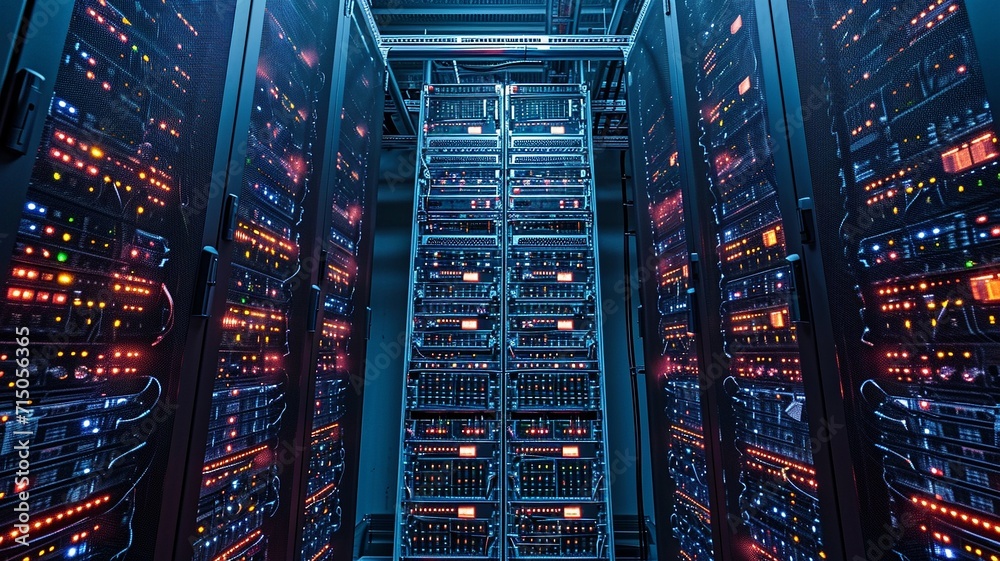 bird's-eye view, array of secure servers in a data center, top view in ...
