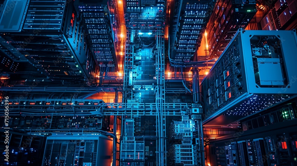 bird's-eye view, array of secure servers in a data center, top view in ...