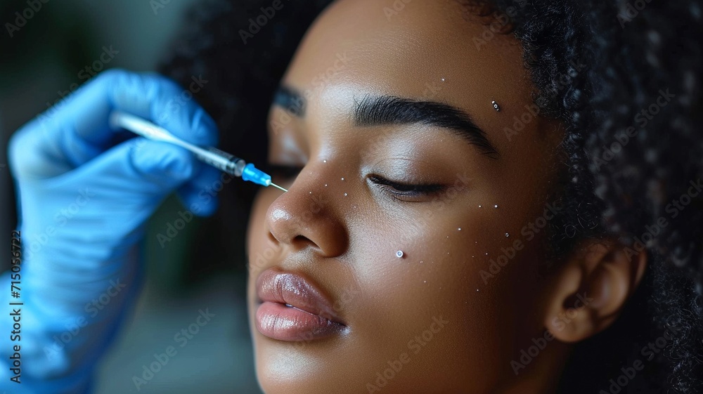 Botox injection in the face of a young black woman. Beauty and youth ...