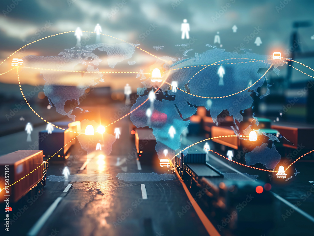 Modern global supply chain with trucks, containers, and connectivity ...