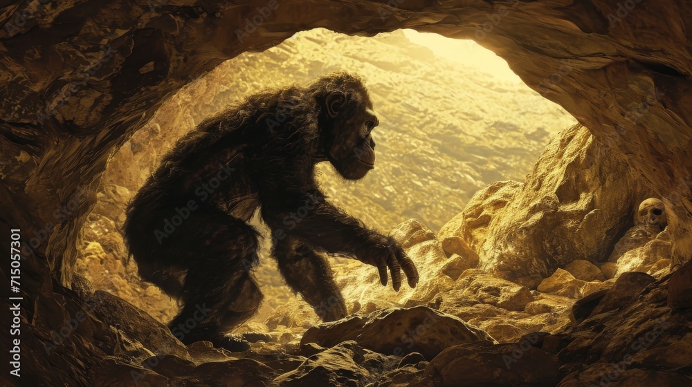 ภาพประกอบสต็อก Bigfoot Standing Inside Cave, Capturing a Rare Glimpse ...
