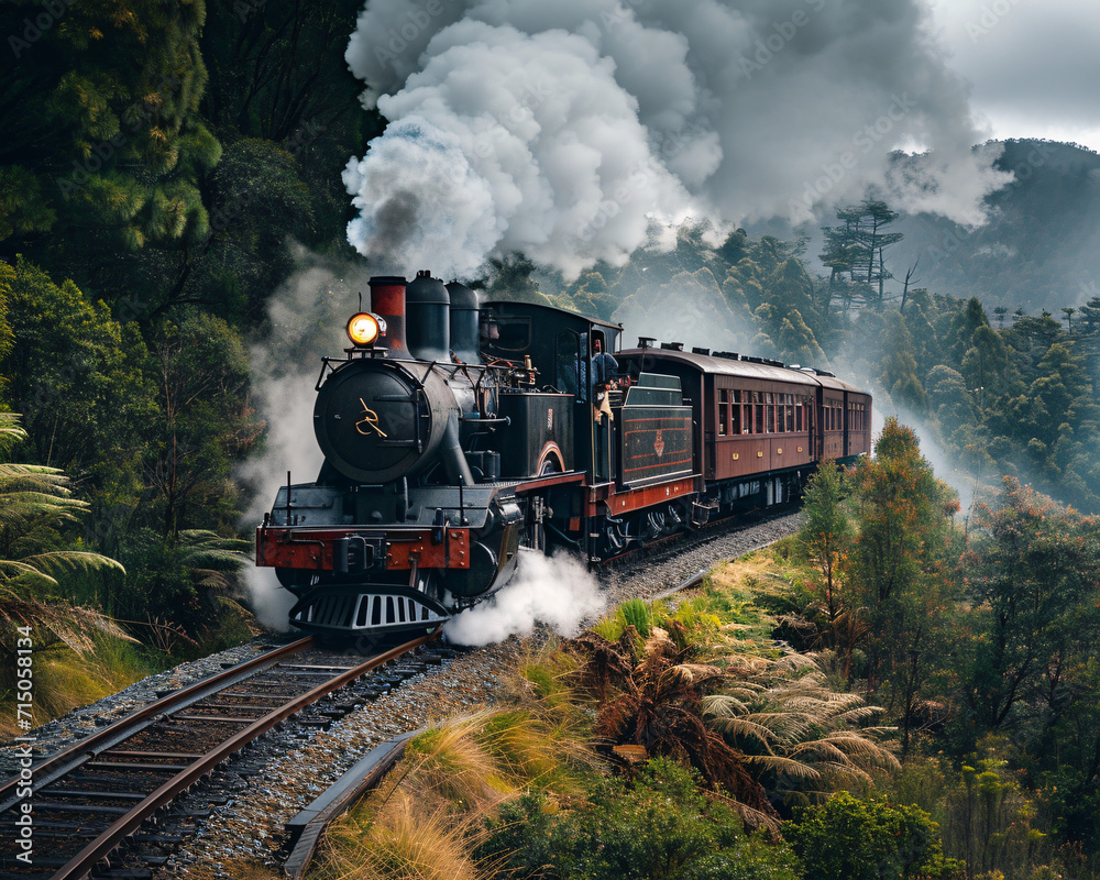 Vintage steam locomotive chugging through a lush green forest with ...