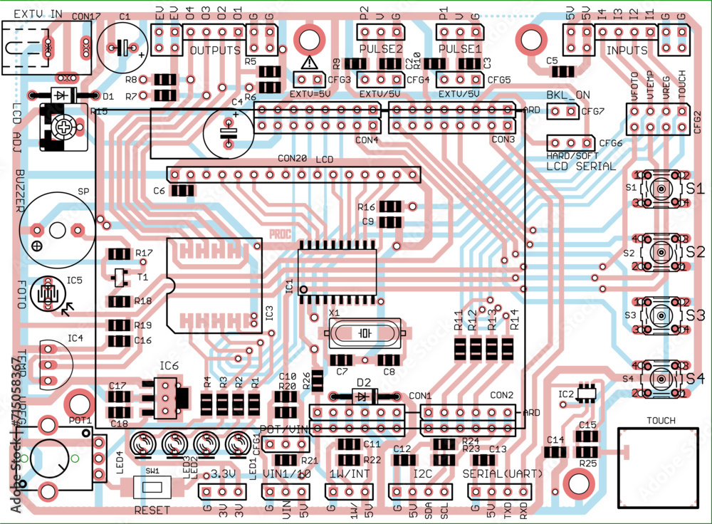 Vector printed circuit board of electronic device with components of ...