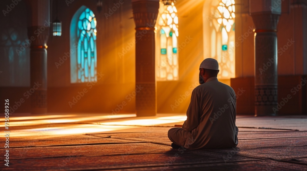 Prayer, islam and worship with man in mosque for god, holy quran and ...
