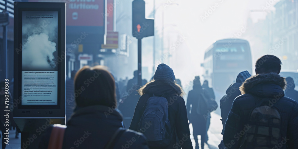 Digital information board emitting steam with pedestrians and bus in a ...