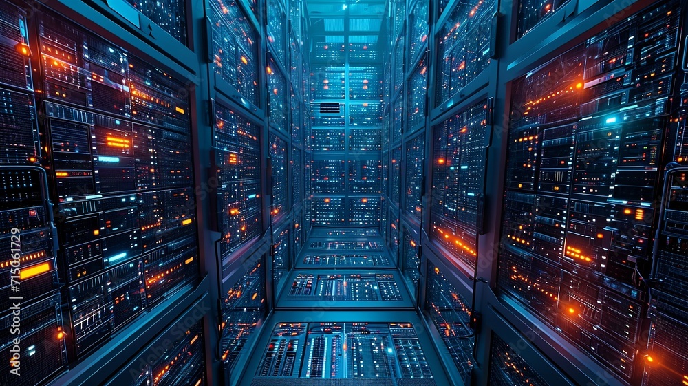bird's-eye view, array of secure servers in a data center, top view in ...
