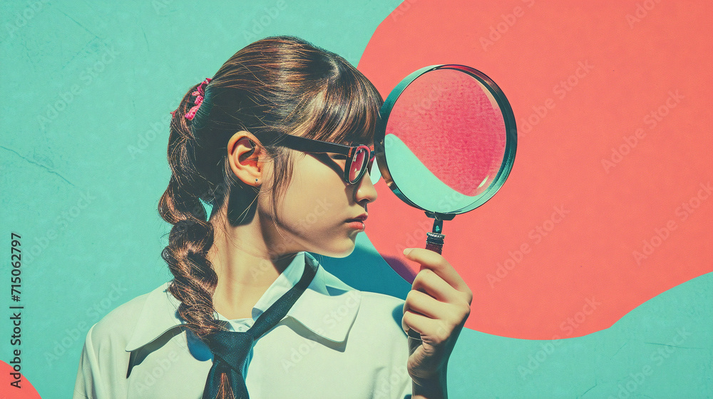 Vertical creative collage image of curious interested girl look ...