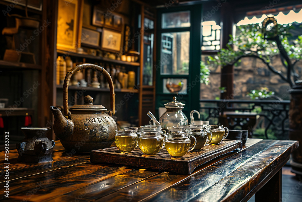 Traditional Chinese tea set on a wooden table in a tea house with ...
