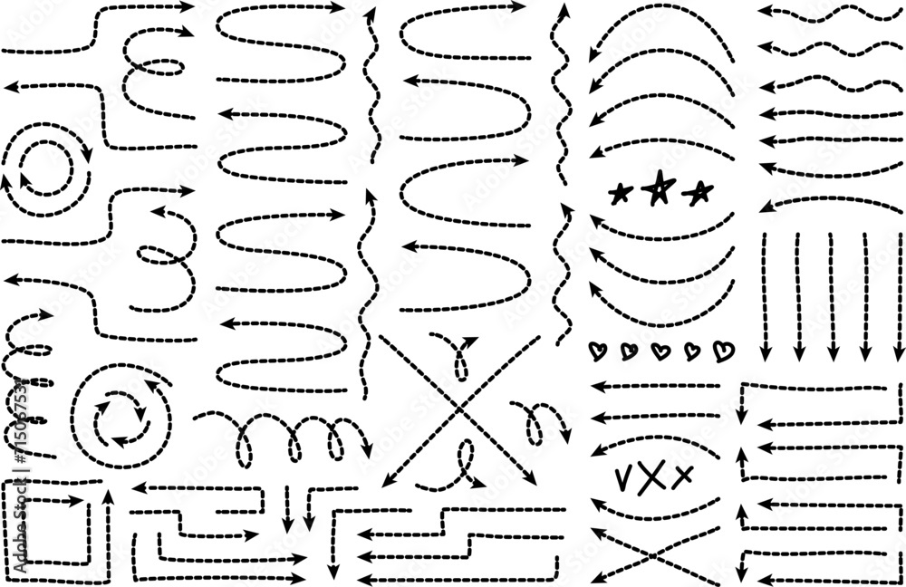 Dot arrow dash line trace. Broken stroke with angle, wavy, curved and ...