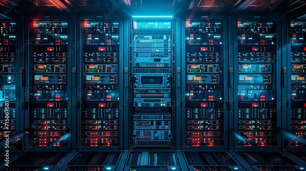 bird's-eye view, array of secure servers in a data center, top view in ...