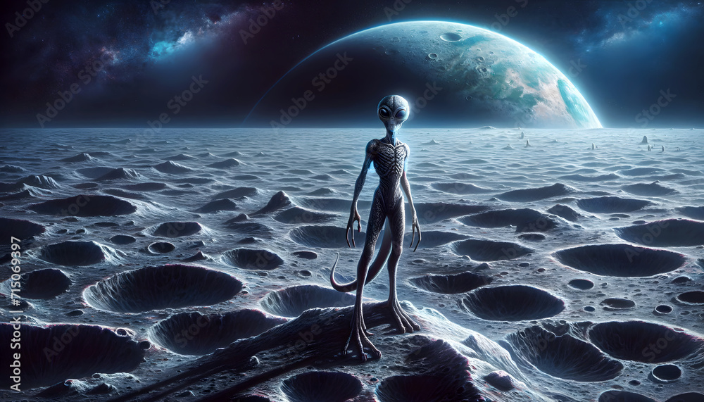An alien standing on the moon's surface, with the Earth visible in the ...