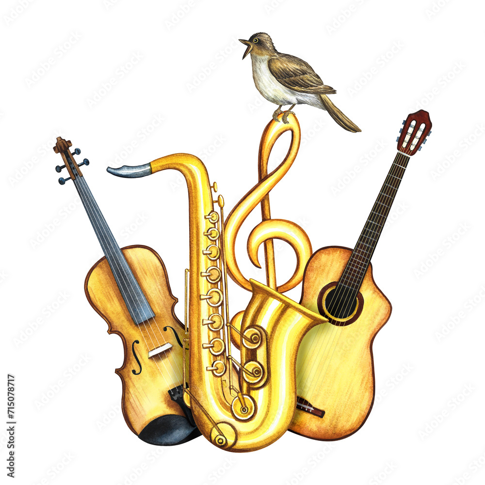 Musical instruments, violin, saxophone, guitar with treble clef and ...