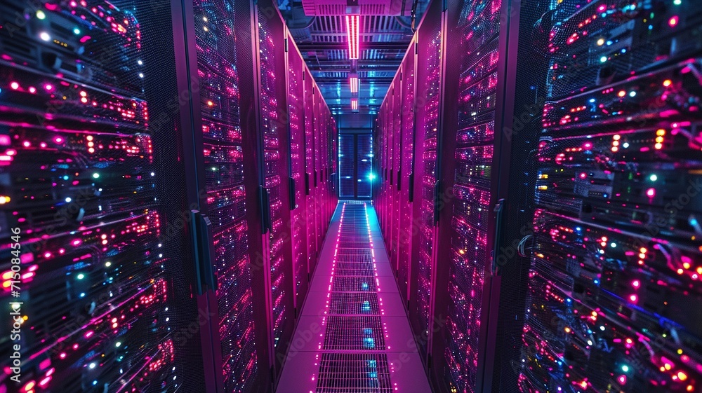 bird's-eye view, array of secure servers in a data center, top view in ...