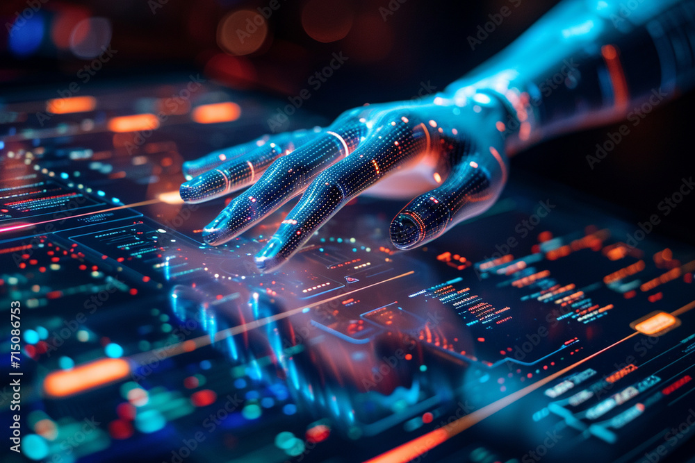 A close-up of hands coding complex algorithms for a futuristic invention, highlighting the ...