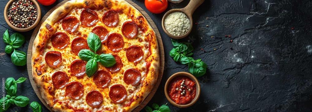 Delicious pepperoni pizza on a dark background, sausage pizza, italian ...